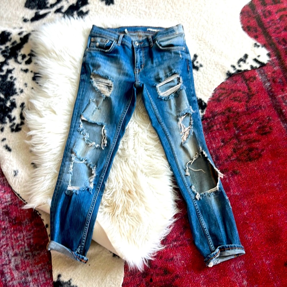 Mid Rise Slim Destructed Denim - Gem